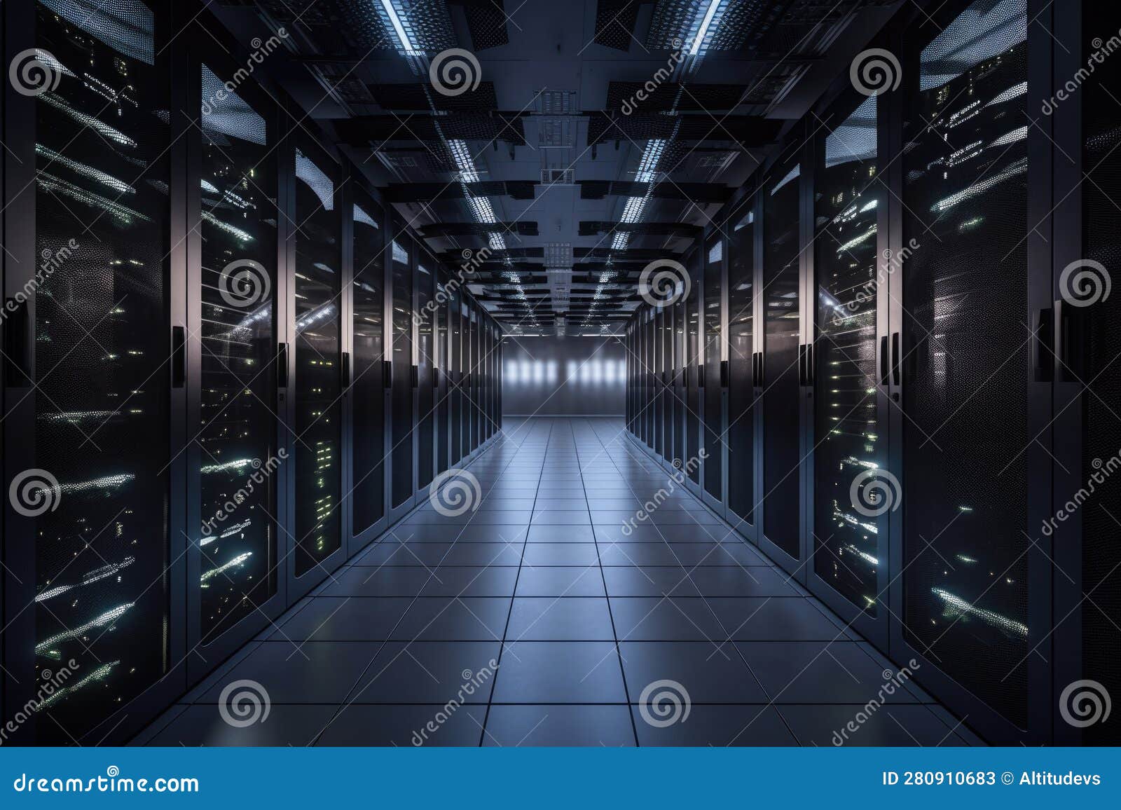 Data Center with Floor-to-ceiling Racks of Servers and Blinking Lights ...