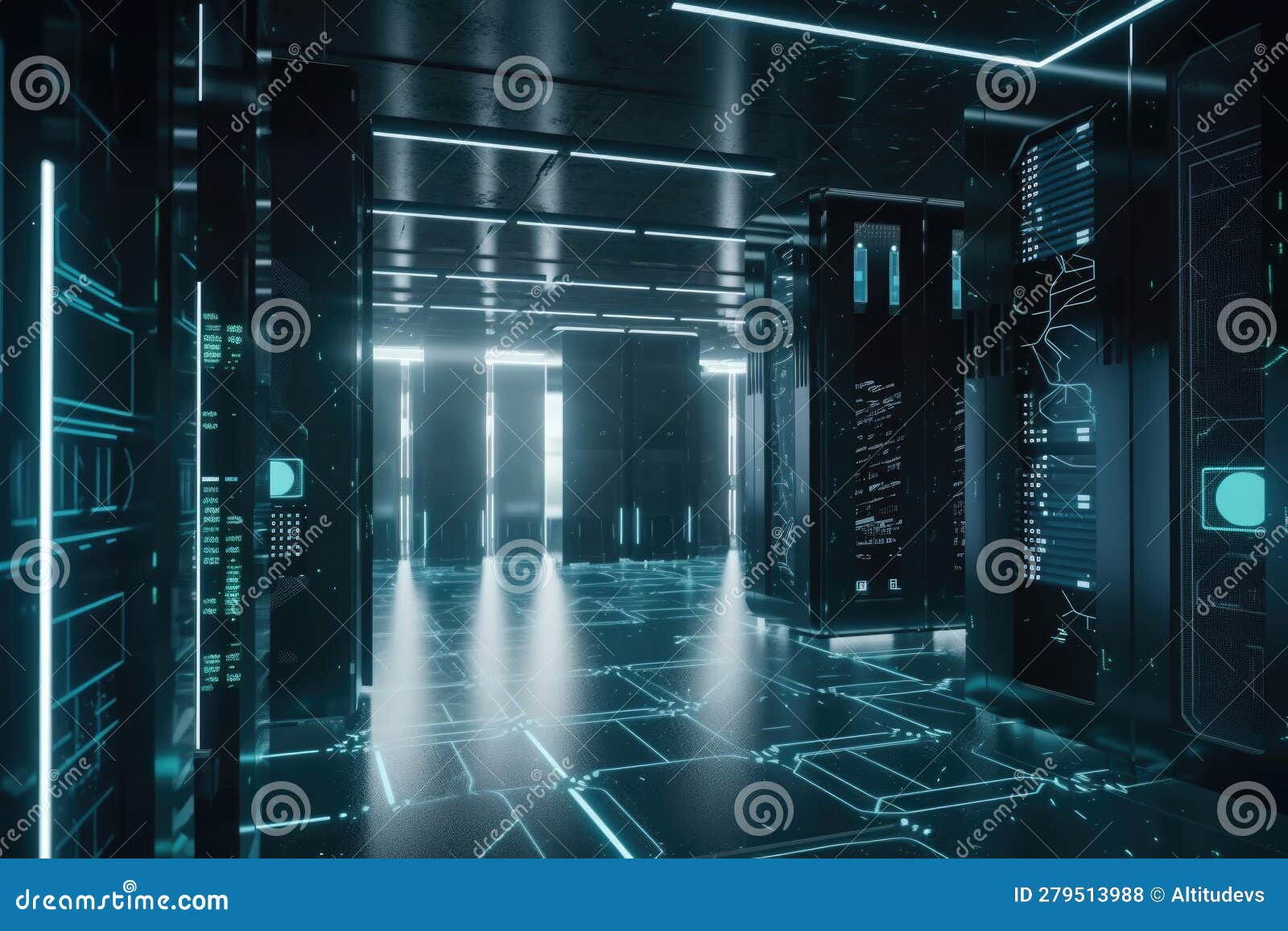 Data Center in Futuristic Sci-fi World, with Floating Holographic ...