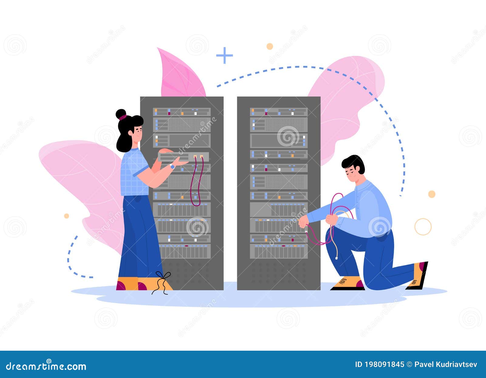 Data Center Hosting Servers and Staff Flat Cartoon Vector Illustration ...
