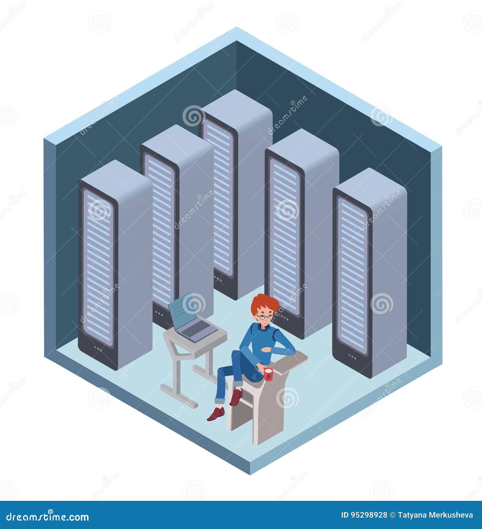Data Center Icon, System Administrator. Man Sitting at the Computer in ...