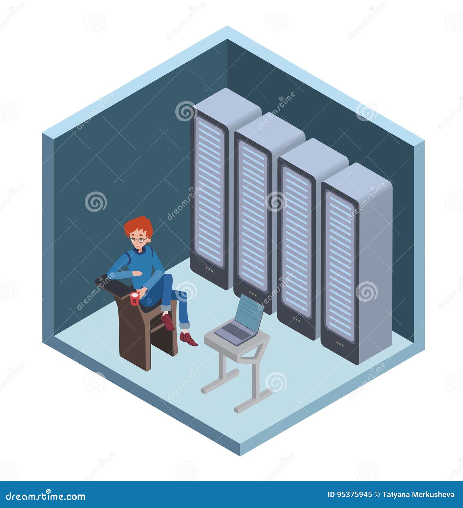 Data Center Icon, System Administrator. Man Sitting at the Computer in ...