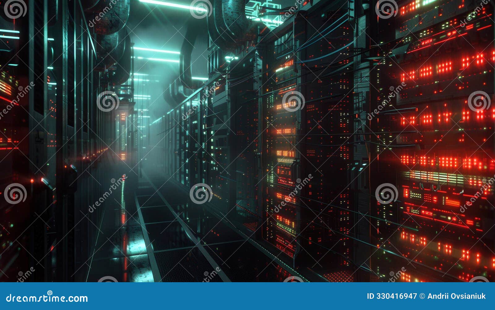 A Data Center with Illuminated Server Racks and Fog Creating a High ...