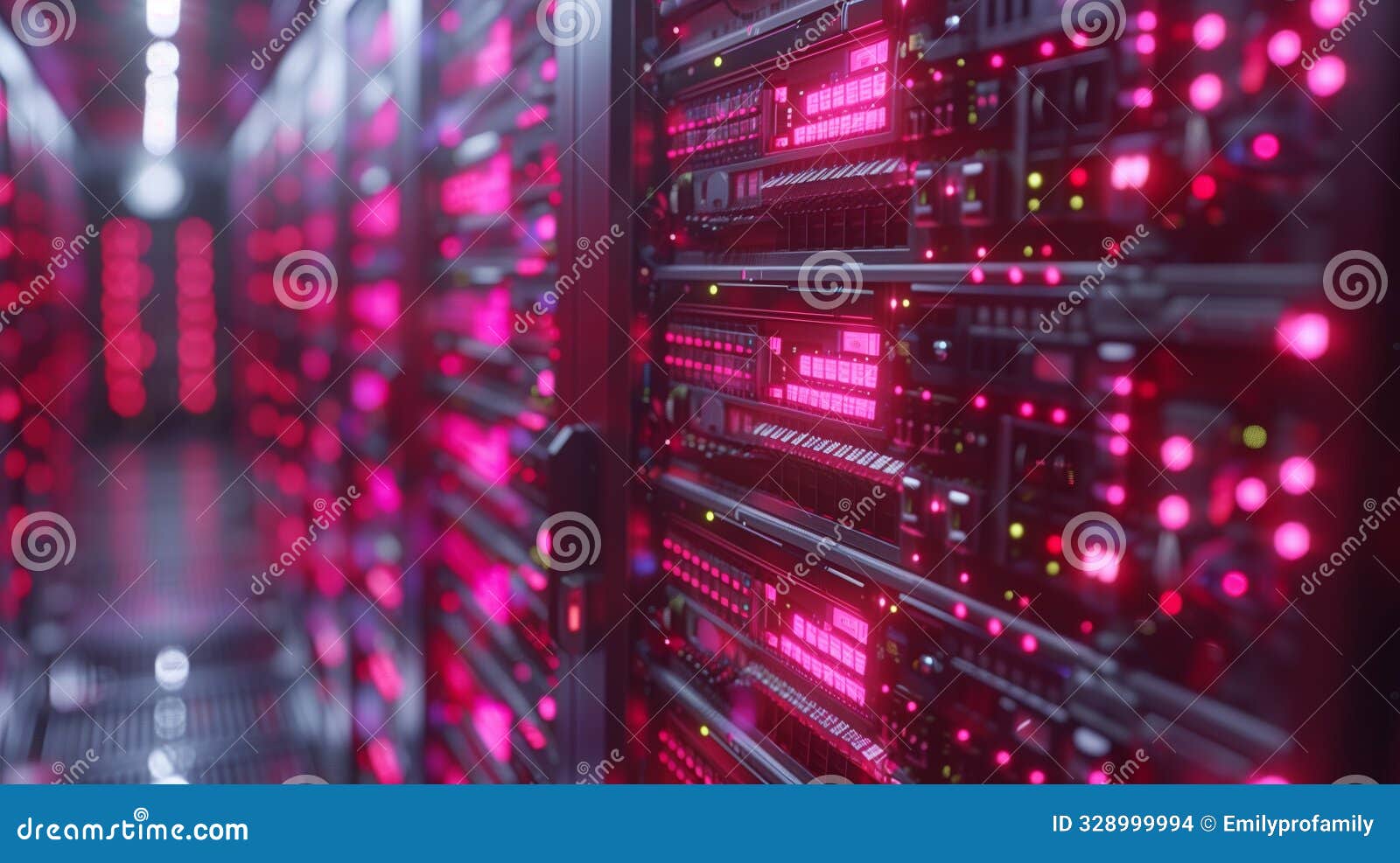 Data Center Interior Featuring Rows of Servers with Red LED Indicators ...