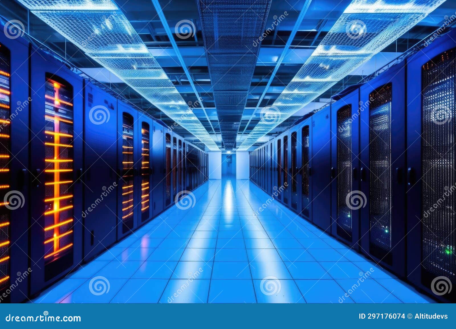 Data Center Interior with Rows of Computers and Lights Stock Photo ...