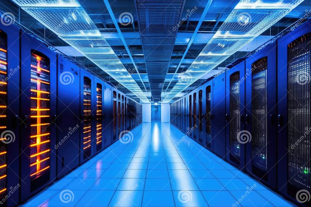 Data Center Interior with Rows of Computers and Lights Stock Photo ...