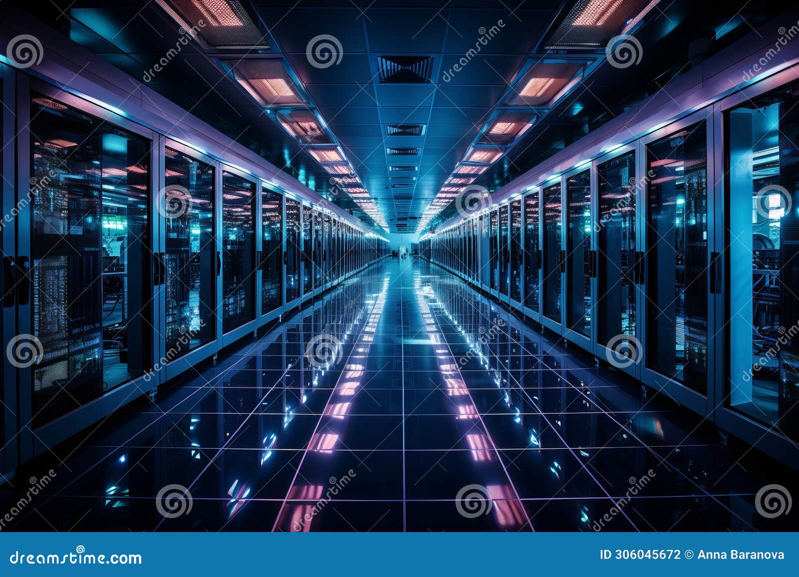 Data Center Interior with Rows of Servers and Advanced Cooling Systems ...