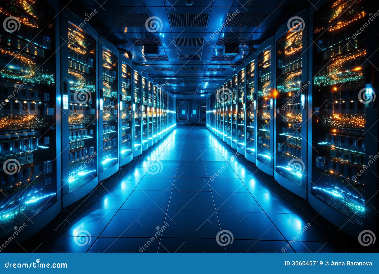Data Center Interior with Rows of Servers and Advanced Cooling Systems ...