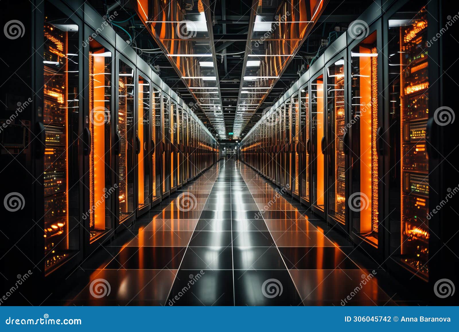 Data Center Interior with Rows of Servers and Advanced Cooling Systems ...
