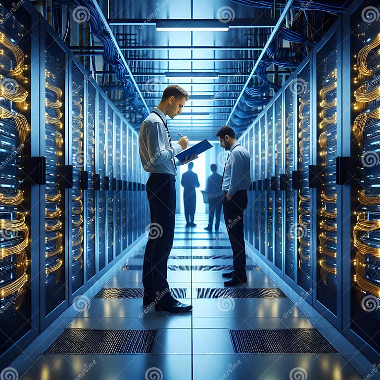 Data Center Interior, Technicians in White Shirts Examine Server Racks with Blue Lights, Modern ...