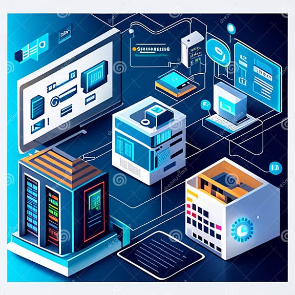 Data Center Isometric Concept with Server Room and Cloud Storage on Blue Background Vector ...