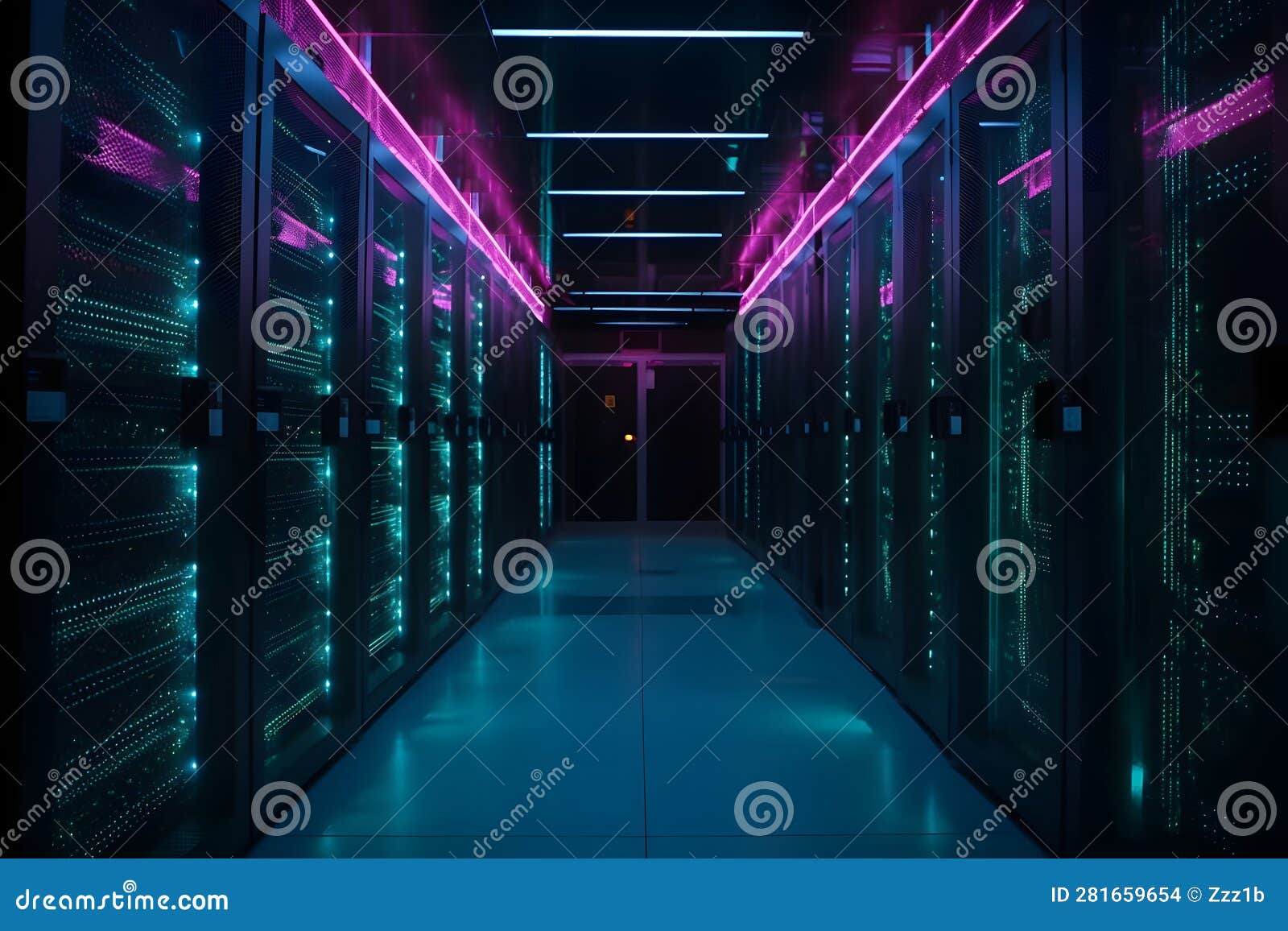 Data Center with Multiple Rows of Fully Operational Servers in Cyan ...