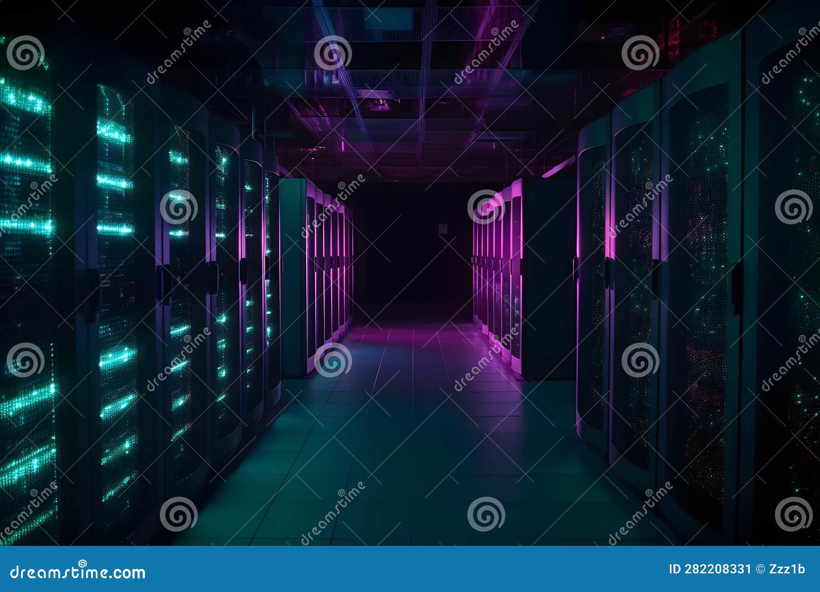 Data Center with Multiple Rows of Fully Operational Servers in Cyan ...