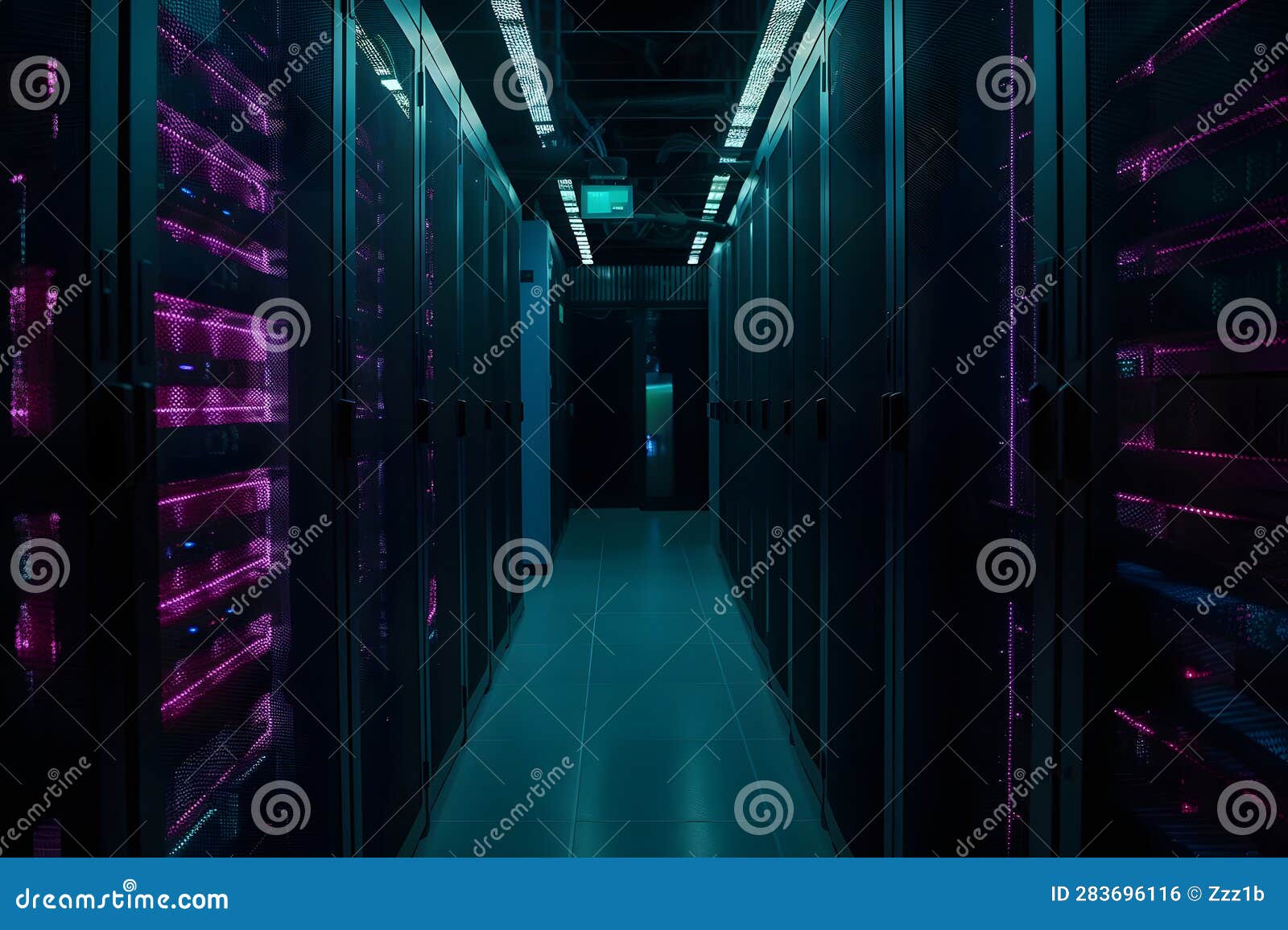 Data Center with Multiple Rows of Fully Operational Servers in Cyan ...