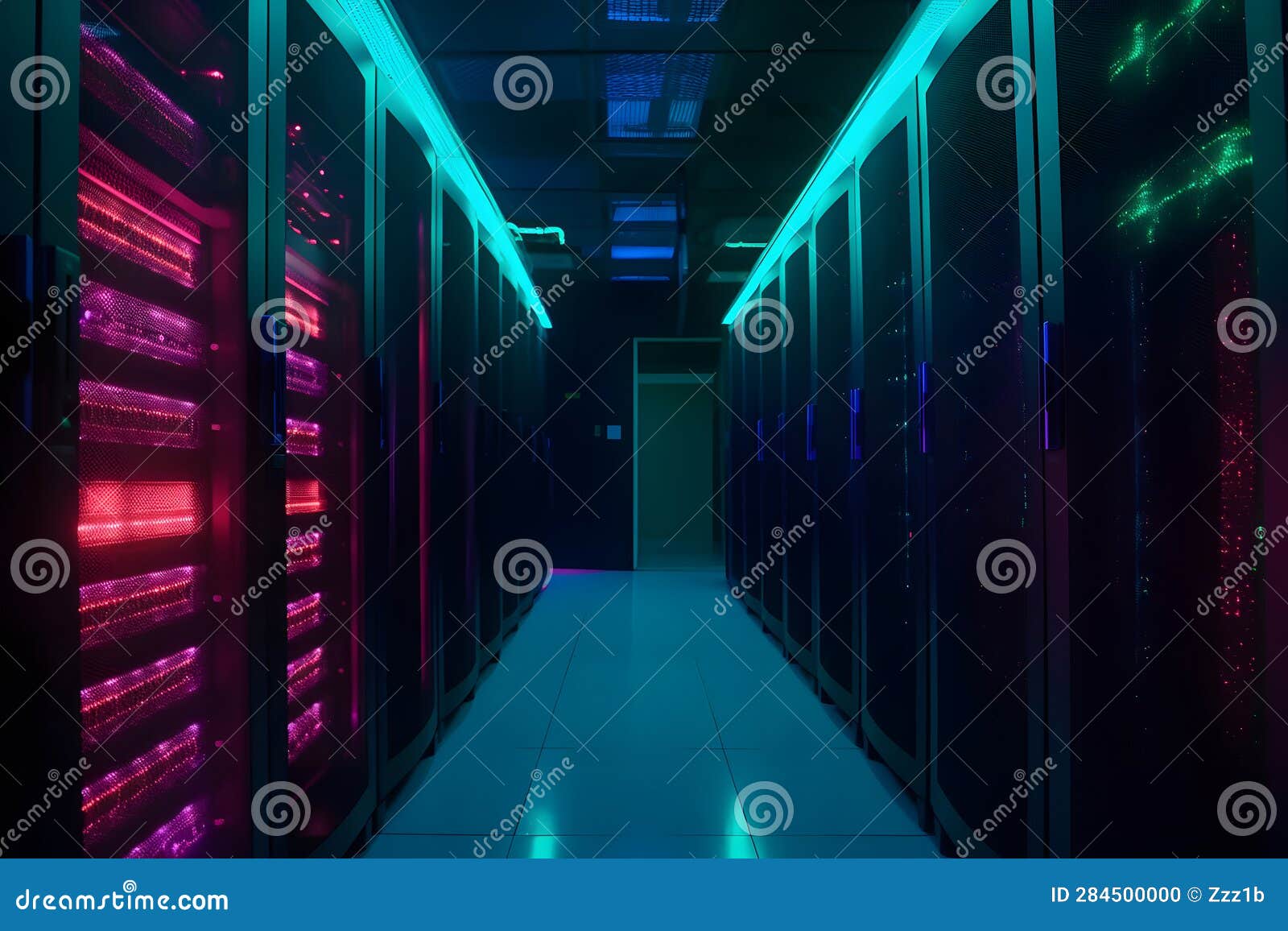 Data Center with Multiple Rows of Fully Operational Servers in Cyan ...