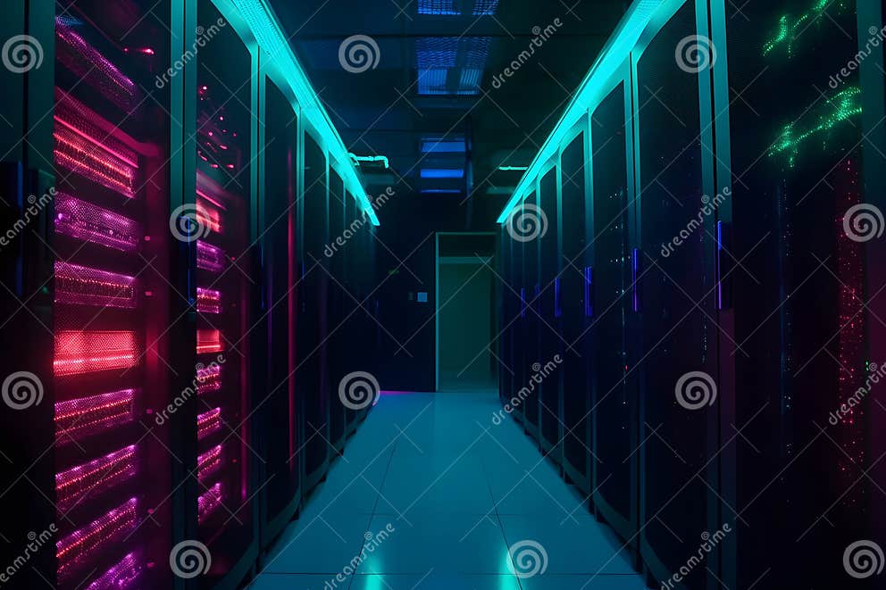 Data Center with Multiple Rows of Fully Operational Servers in Cyan ...