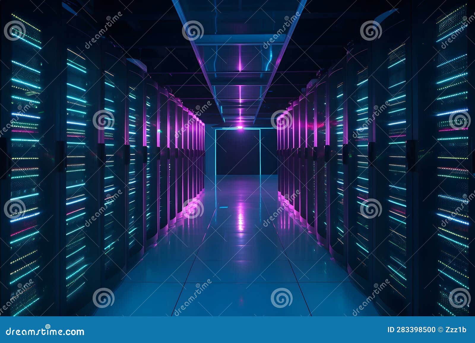 Data Center with Multiple Rows of Fully Operational Servers in Cyan ...