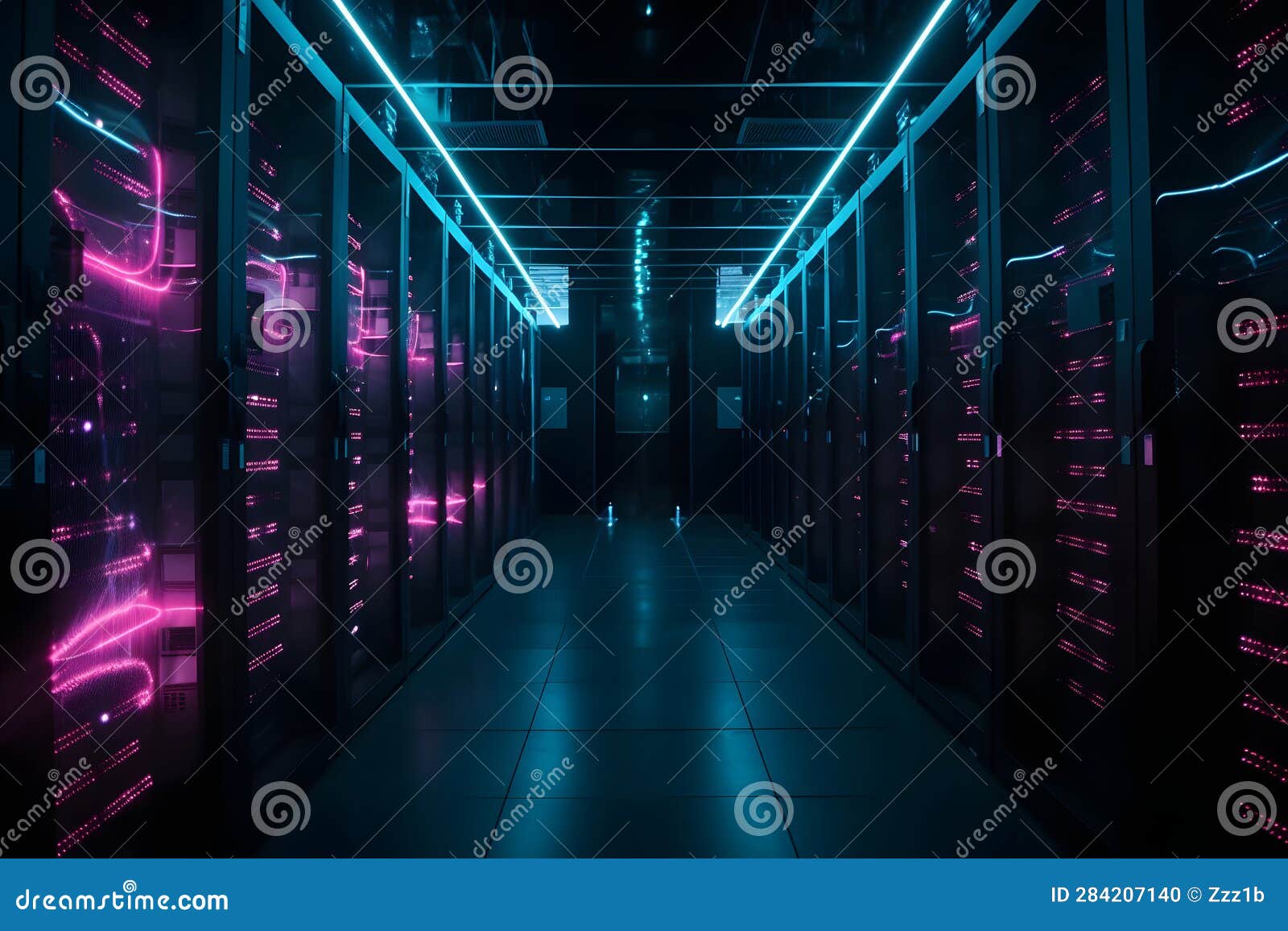 Data Center with Multiple Rows of Fully Operational Servers in Cyan ...