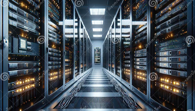 Data Center, Multiple Rows of Operational Server Racks, Concept of Cloud Computing, Artificial ...
