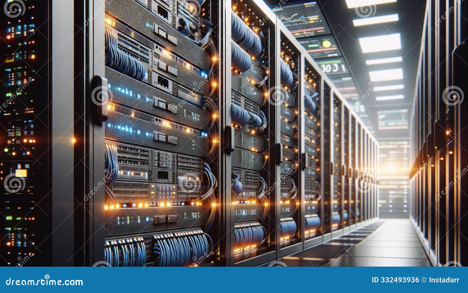 Data Center, Multiple Rows of Operational Server Racks, Concept of ...