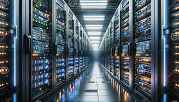 Data Center, Multiple Rows of Operational Server Racks, Concept of Cloud Computing, Artificial ...