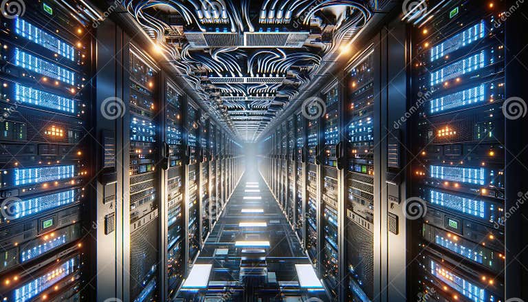 Data Center, Multiple Rows of Operational Server Racks, Concept of Cloud Computing, Artificial ...