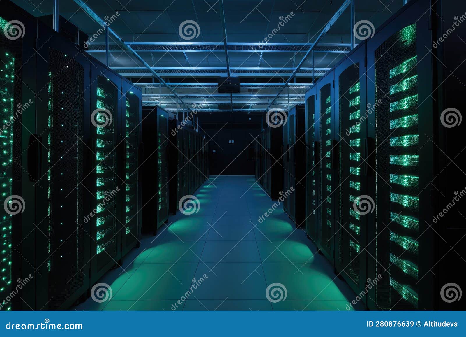 Data Center with Multiple Rows of Server Racks, Each Filled with ...