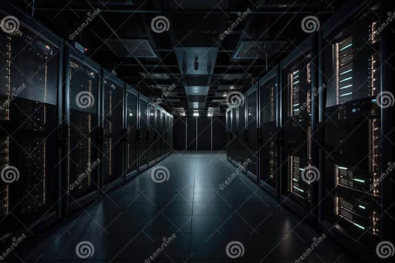 Data Center with Multiple Rows of Server Racks, Each Filled with Blinking Lights and Humming ...