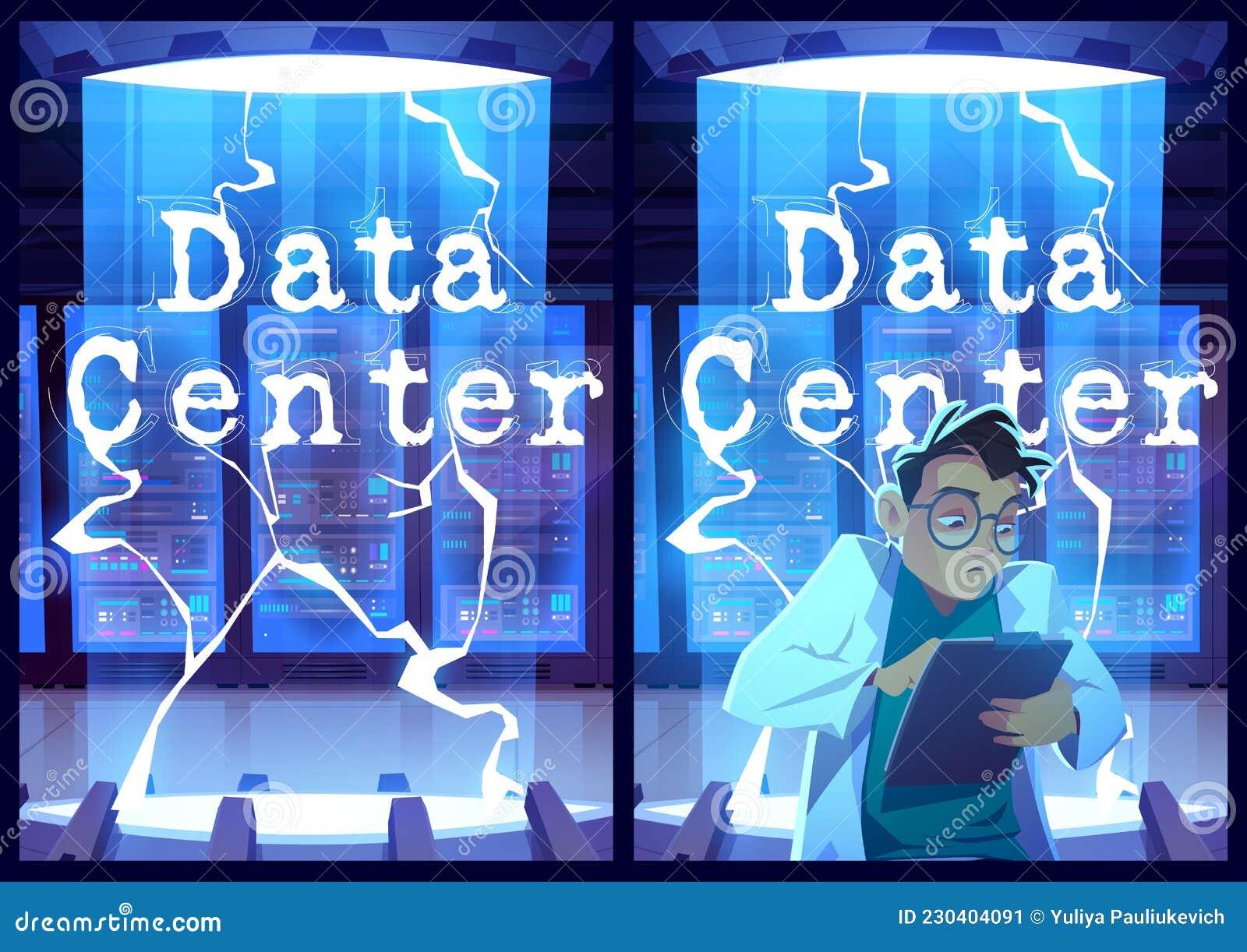 Data Center Posters with Engineer in Server Room Stock Vector ...