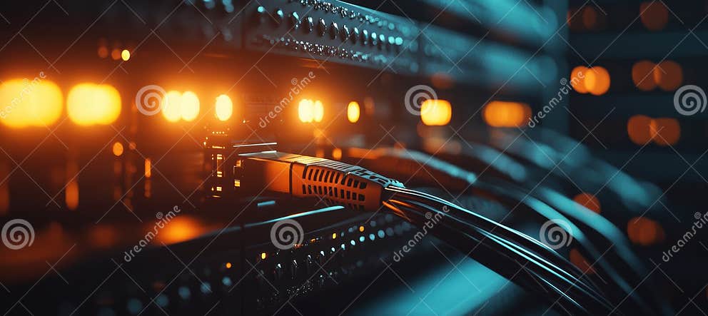Data Center Precision: Cables and Connections Illuminated by LED Lights ...