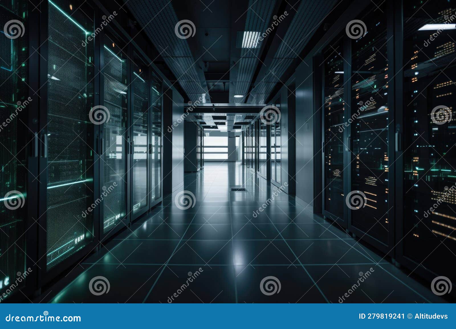 Data Center, with Racks of Servers and Blinking Lights, Against ...