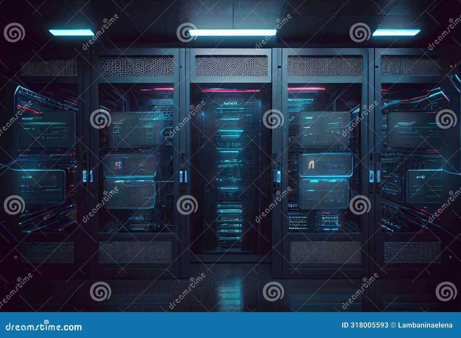 Data Center. Racks with Servers. Long Corridor. Glowing Light Bulbs ...