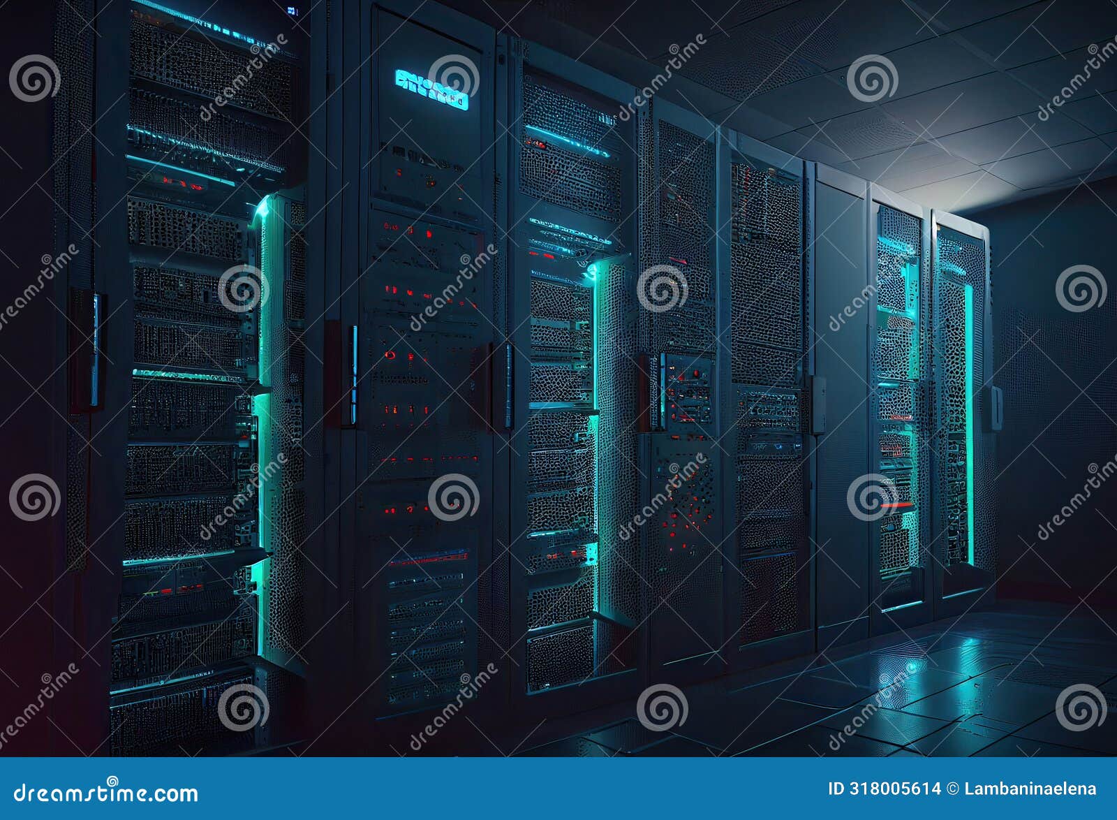 Data Center. Racks with Servers. Long Corridor. Glowing Light Bulbs ...