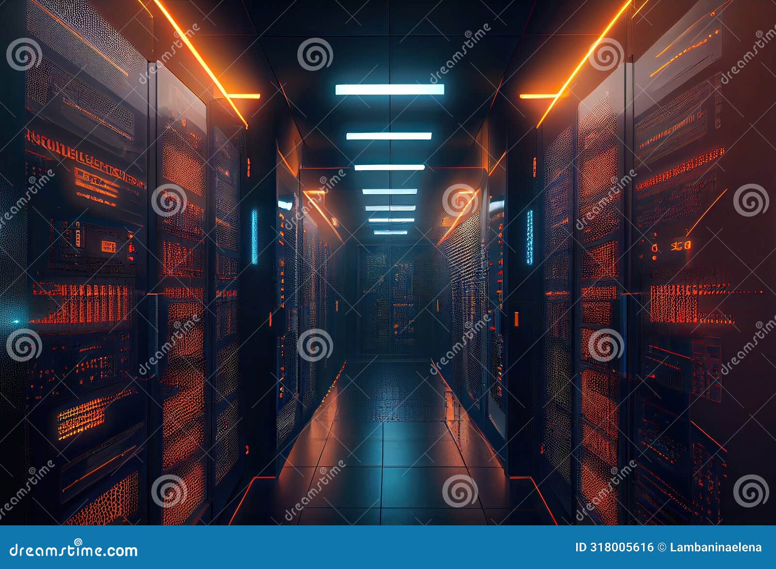 Data Center. Racks with Servers. Long Corridor. Glowing Light Bulbs ...