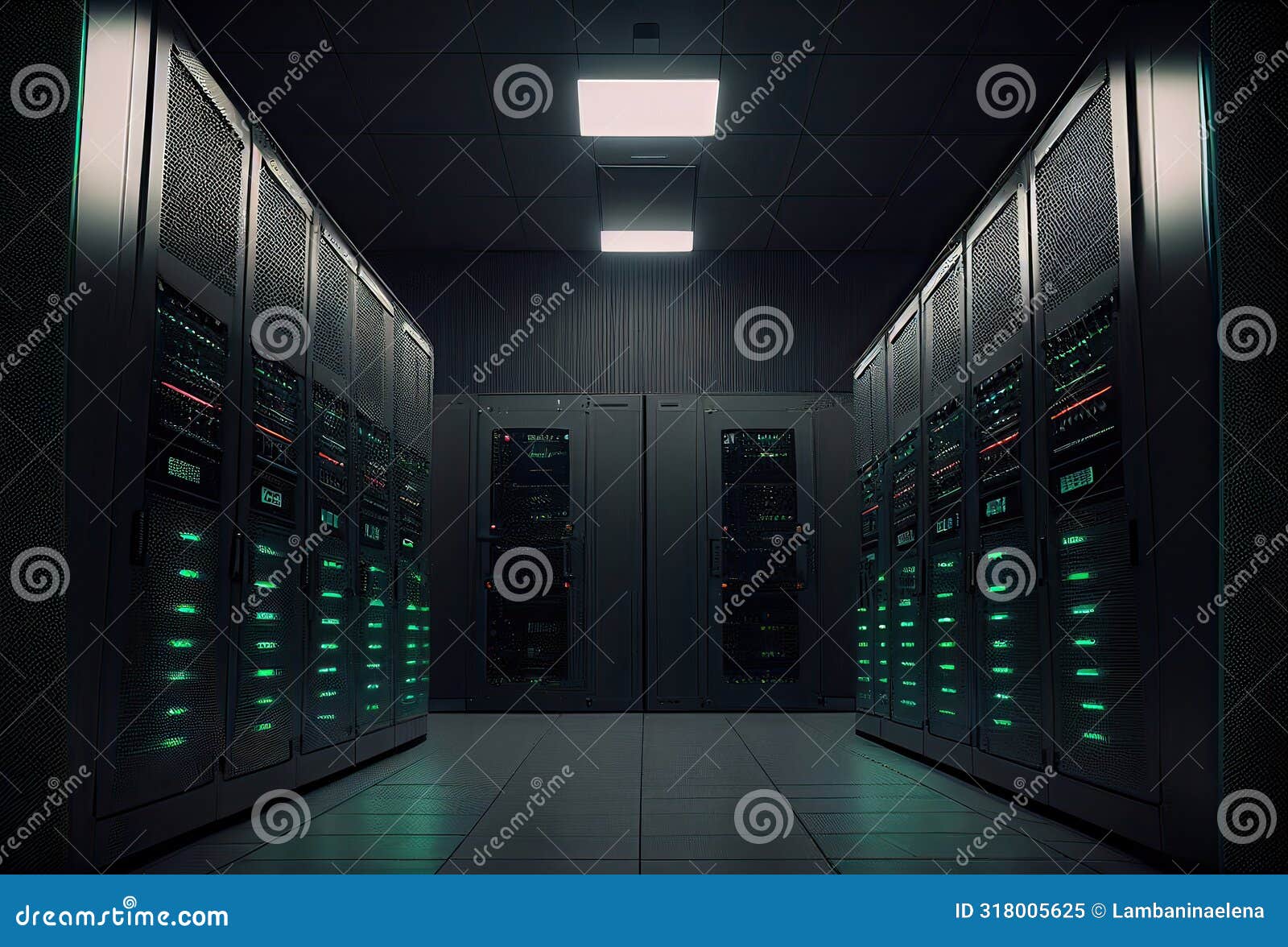 Data Center. Racks with Servers. Long Corridor. Glowing Light Bulbs ...