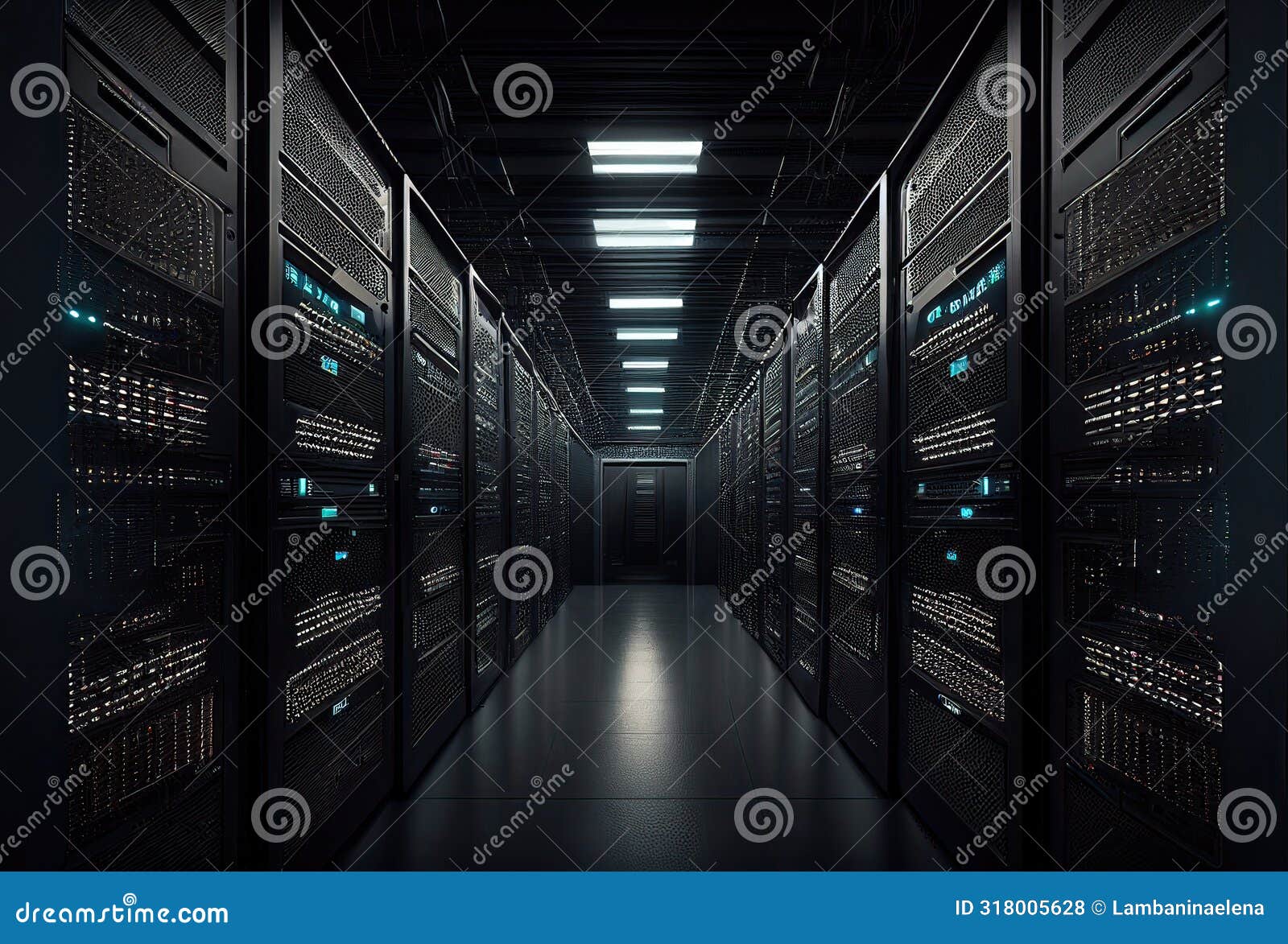 Data Center. Racks with Servers. Long Corridor. Glowing Light Bulbs ...