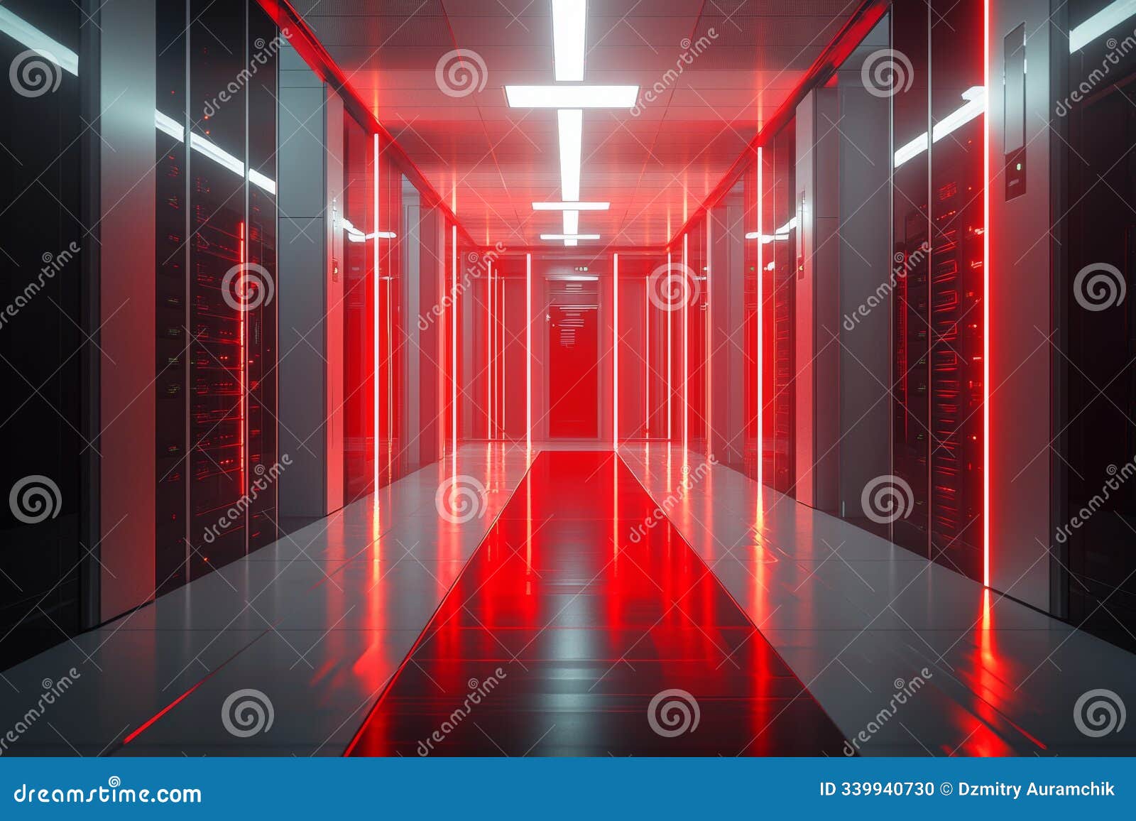Data Center with Red LED Lights, Racks, and Reflective Flooring ...