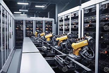 Data Center with Robotic Systems Transporting and Sorting Data Stock ...