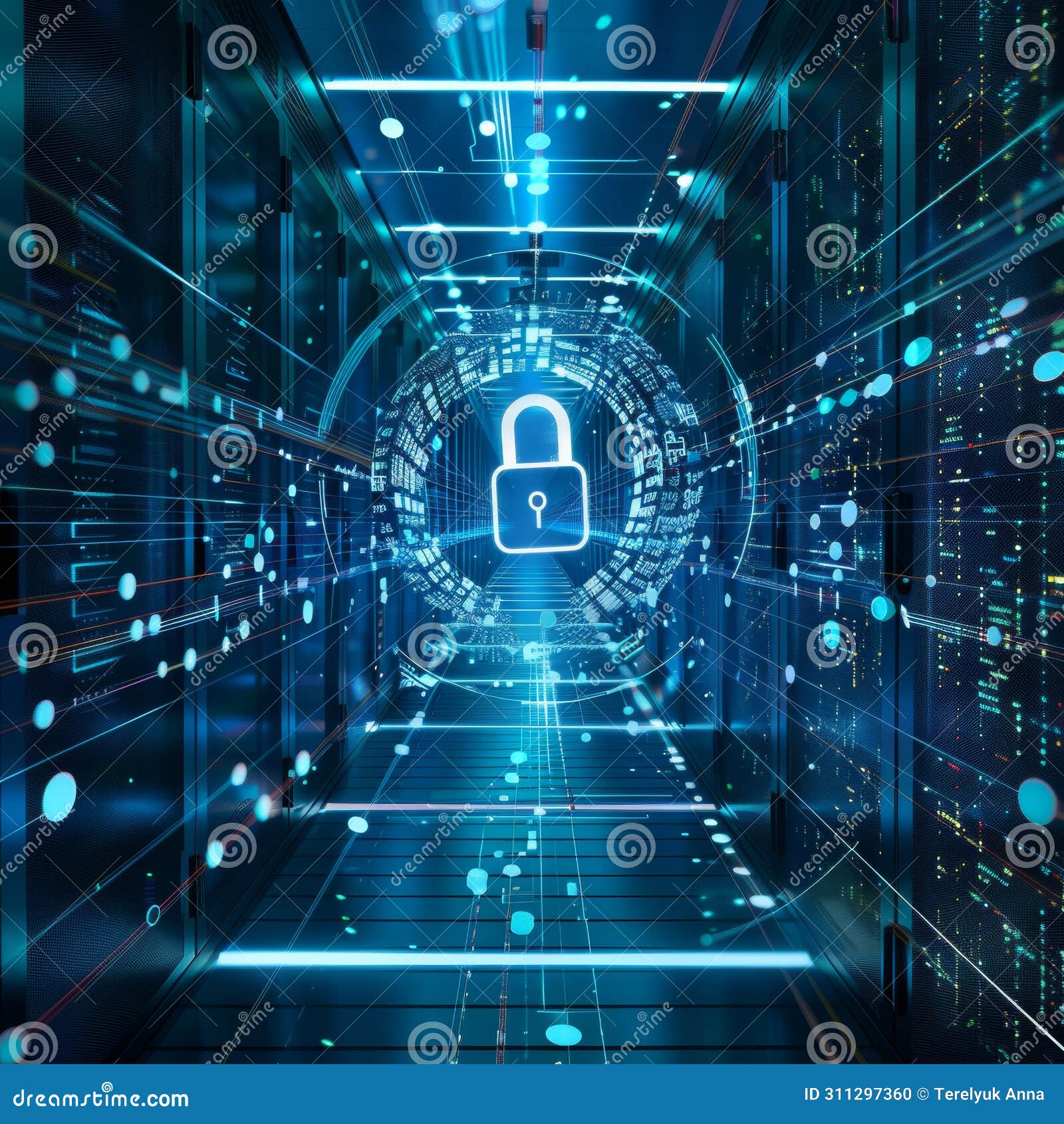 Data Center Room with Lock Symbol on the Wall. Cyber Security Concept ...