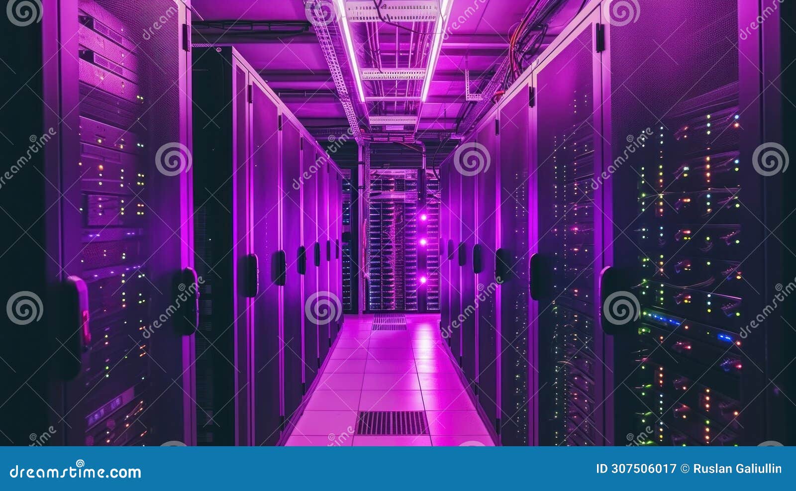 Data Center Room with Server in Pink Neon Glow Stock Illustration ...
