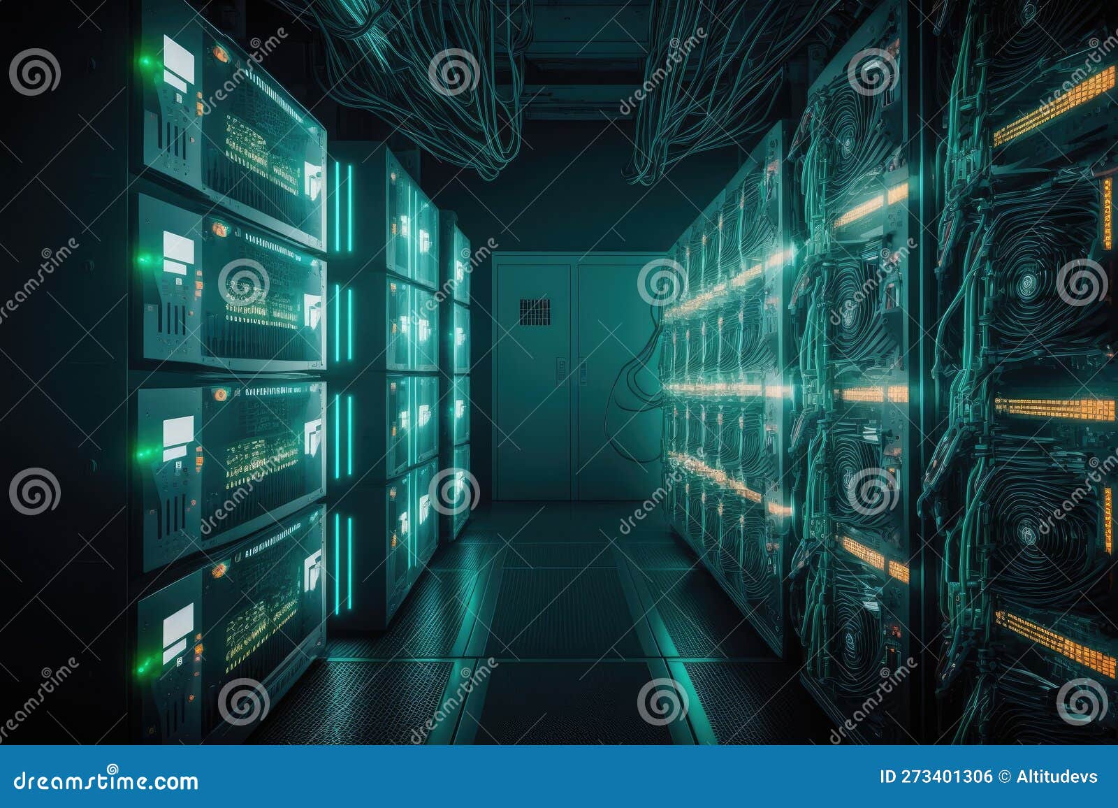 Data Center, with Rows of Computers and Flashing Lights, Mining ...