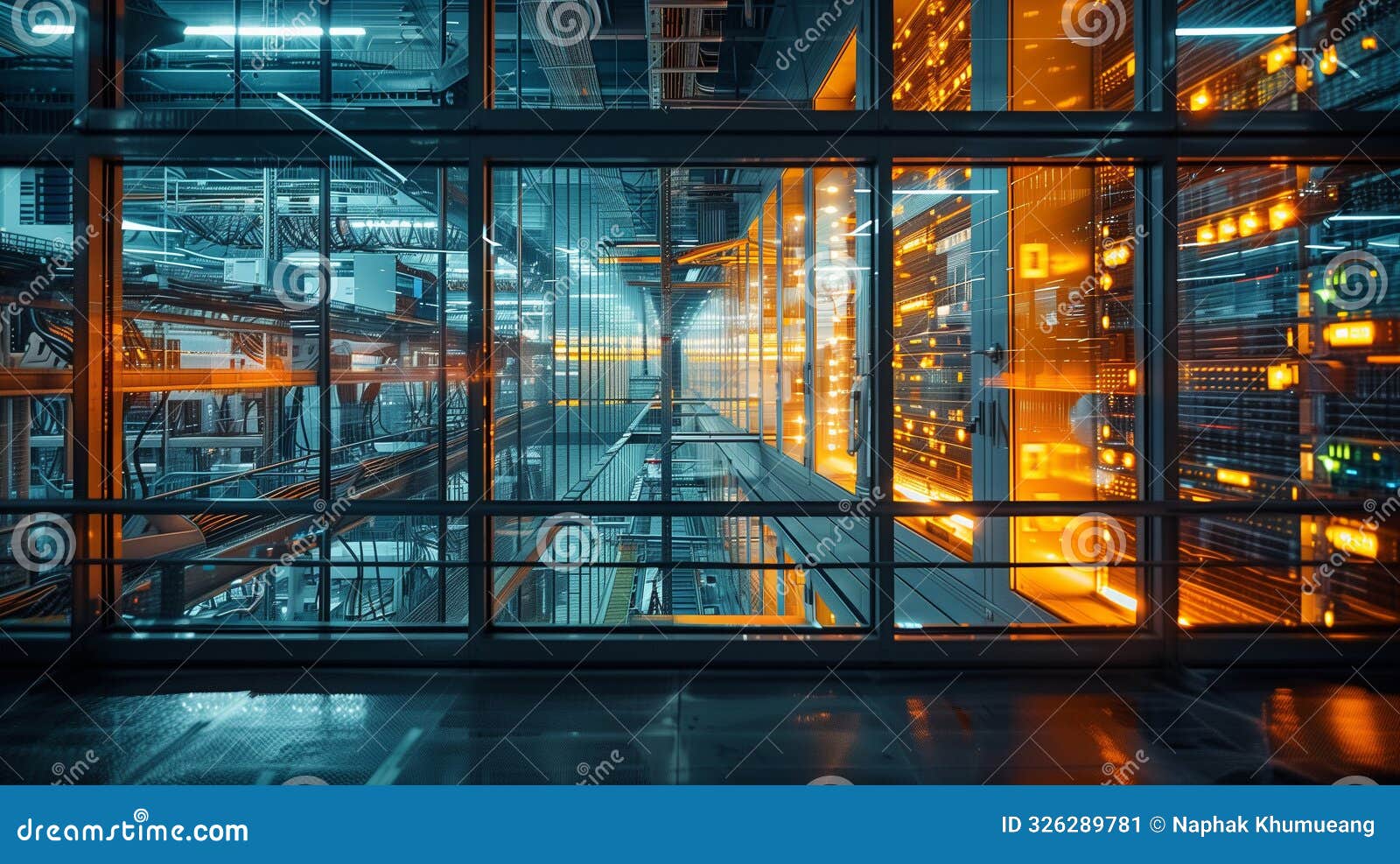 Data Center with Rows of High-end Server Racks Glowing in the Dim Light ...