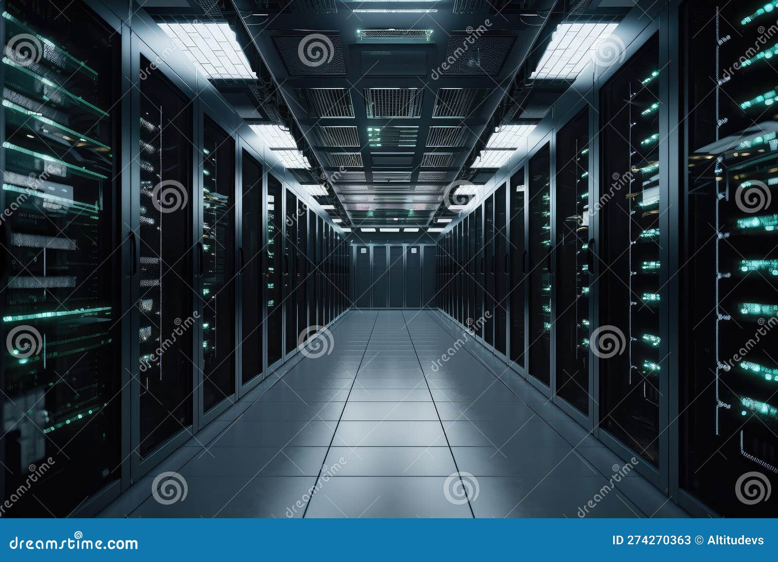 Data Center with Rows of Server Racks, Blinking Lights, and Humming ...