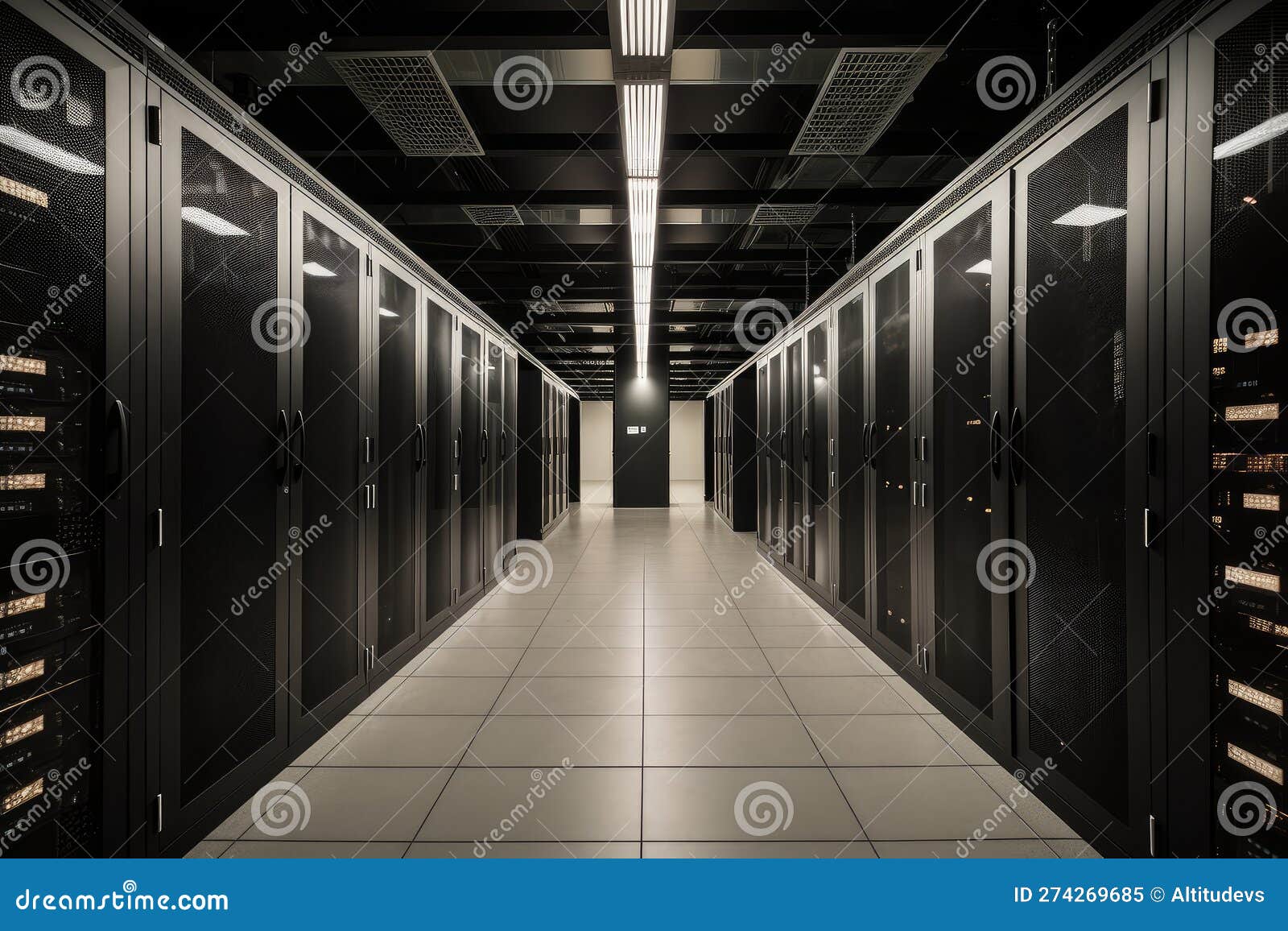 Data Center with Rows of Server Racks and Cooling Systems Visible Stock ...