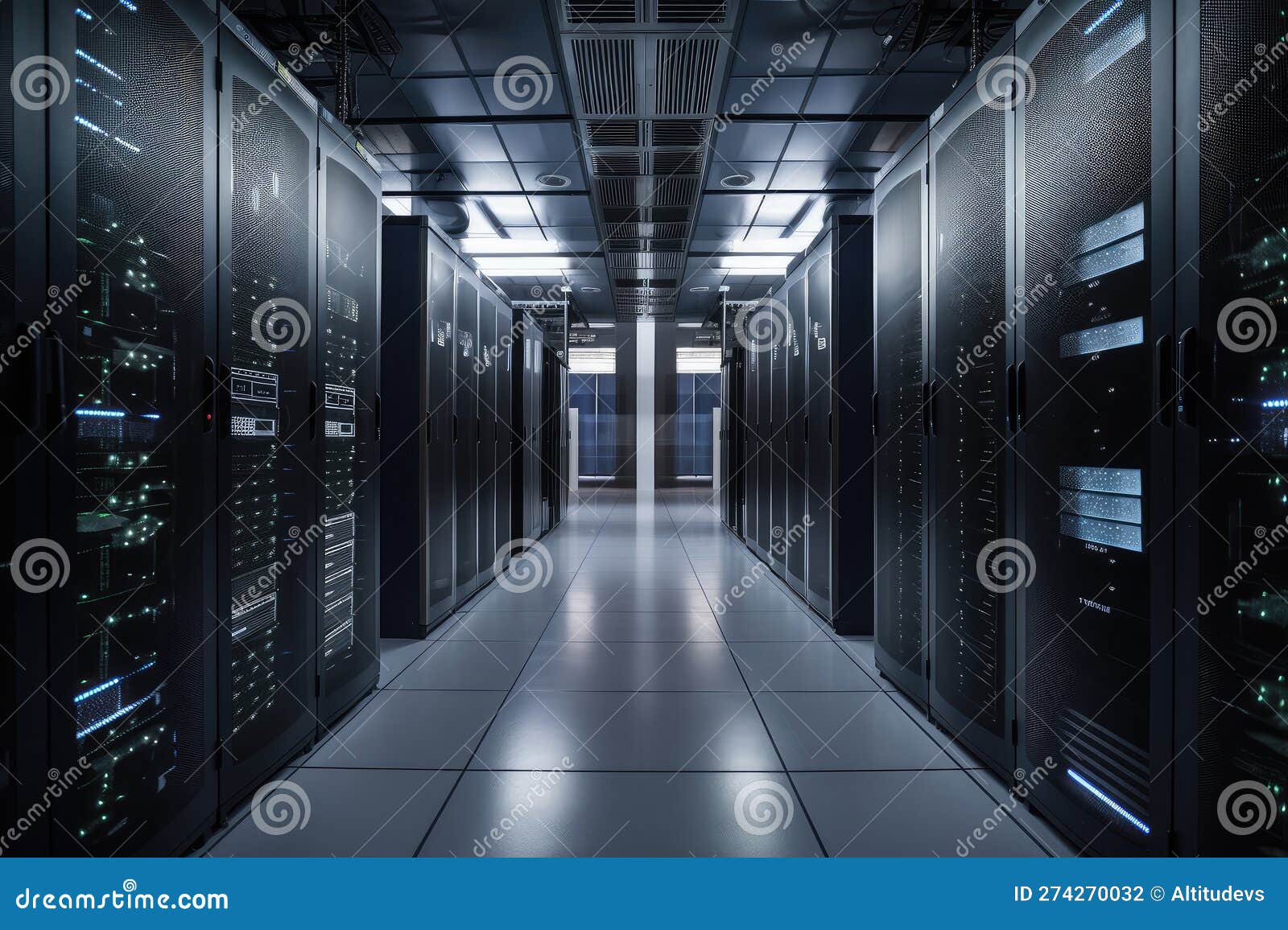 Data Center with Rows of Server Racks, Each Containing Dozens of ...
