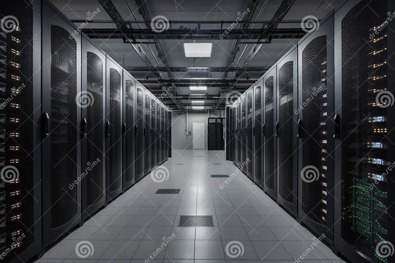 Data Center with Rows of Server Racks, Each Housing Dozens of Servers ...