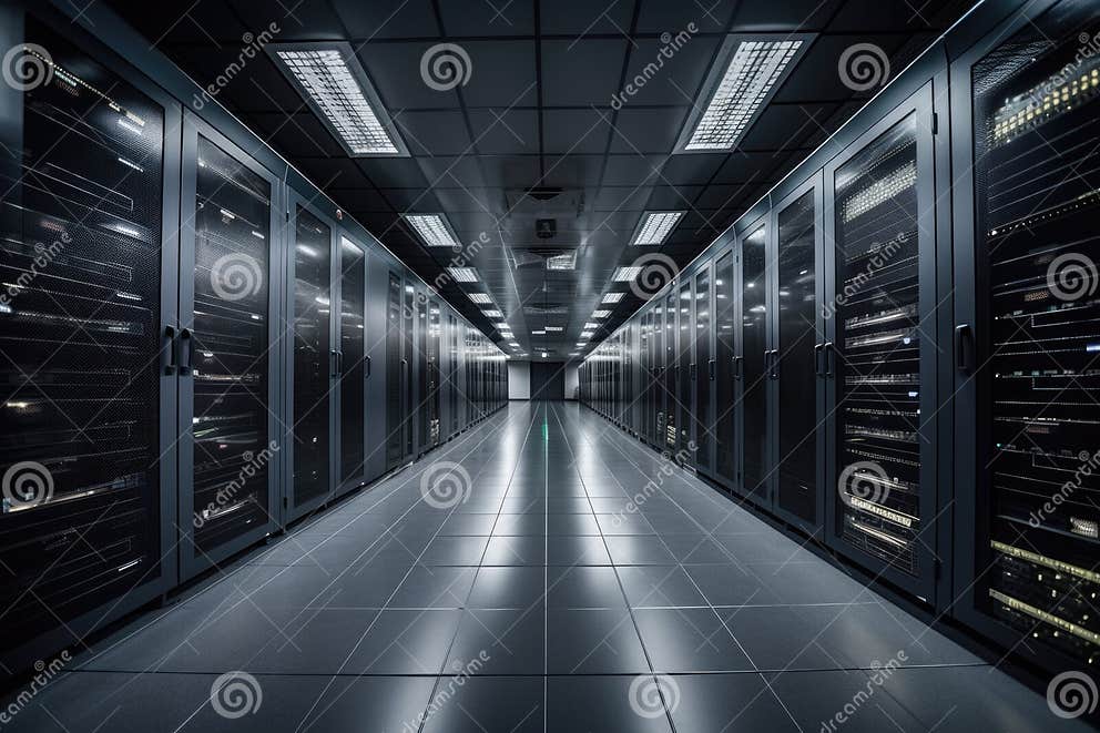 Data Center with Rows of Server Racks, Each Housing Dozens of Servers ...