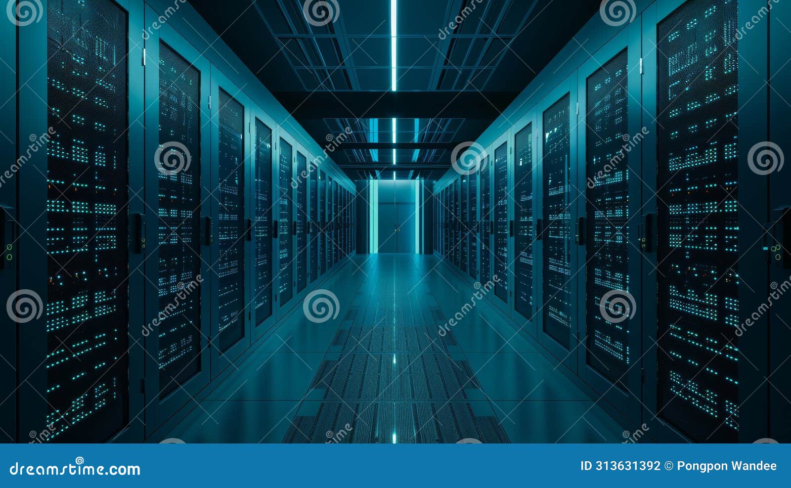 Data Center Rows of Server Racks Illuminated by Blue Lights High-Tech ...