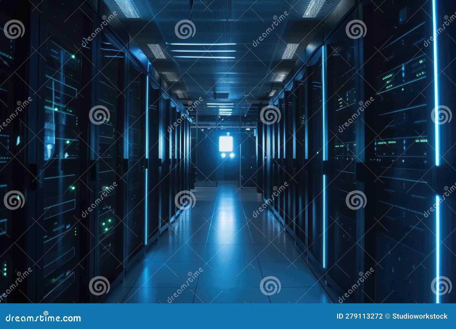 Data Center with Rows of Servers, Each One with Blinking Led Lights ...