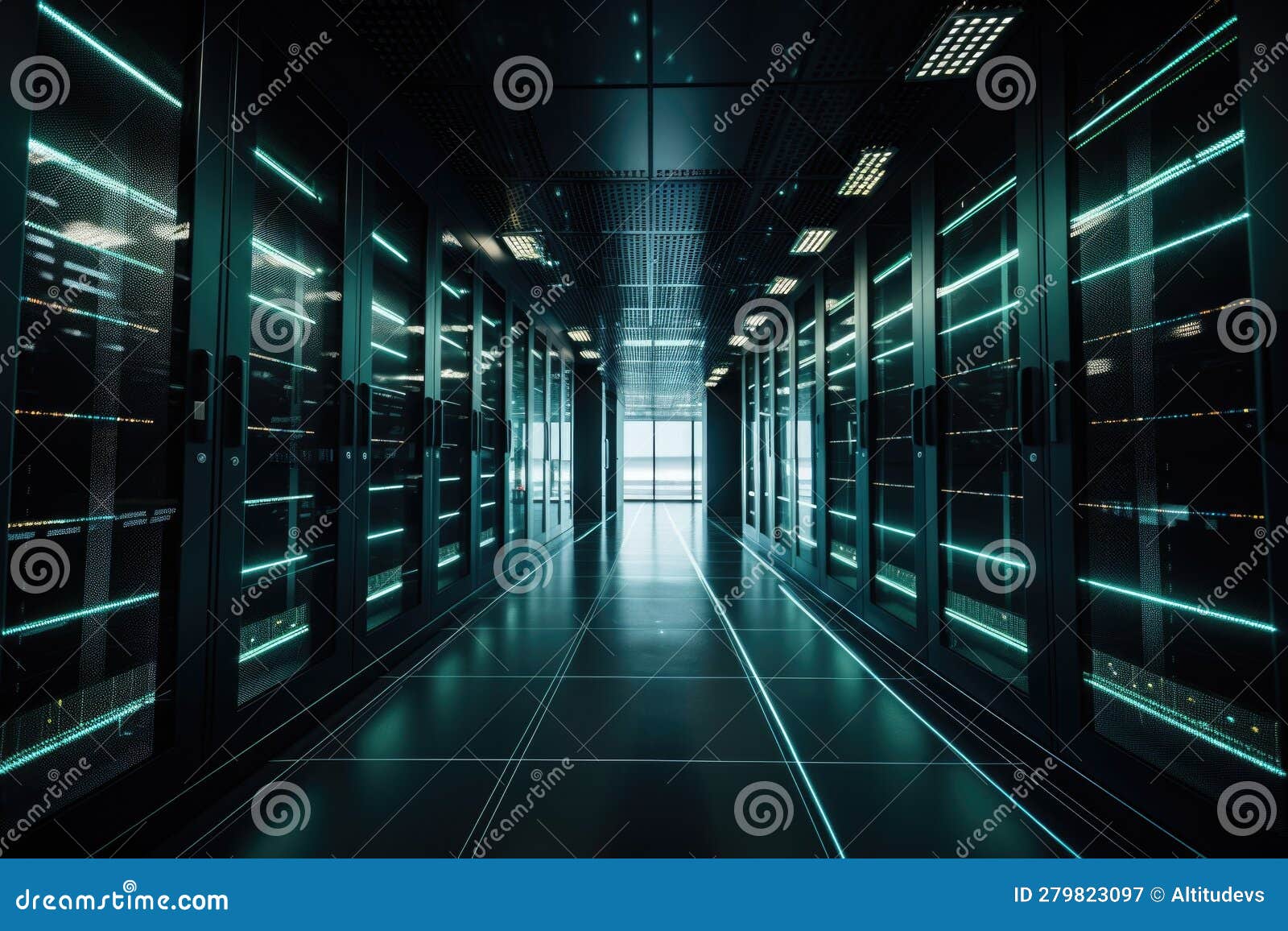 Data Center with Rows of Servers, Each One with Blinking Led Lights ...