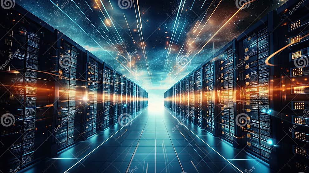 A Data Center, with Rows of Servers and Network Infrastructure ...